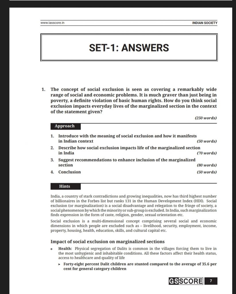GS SCORE IAS MAINS Answer Writing Workbook Indian Society