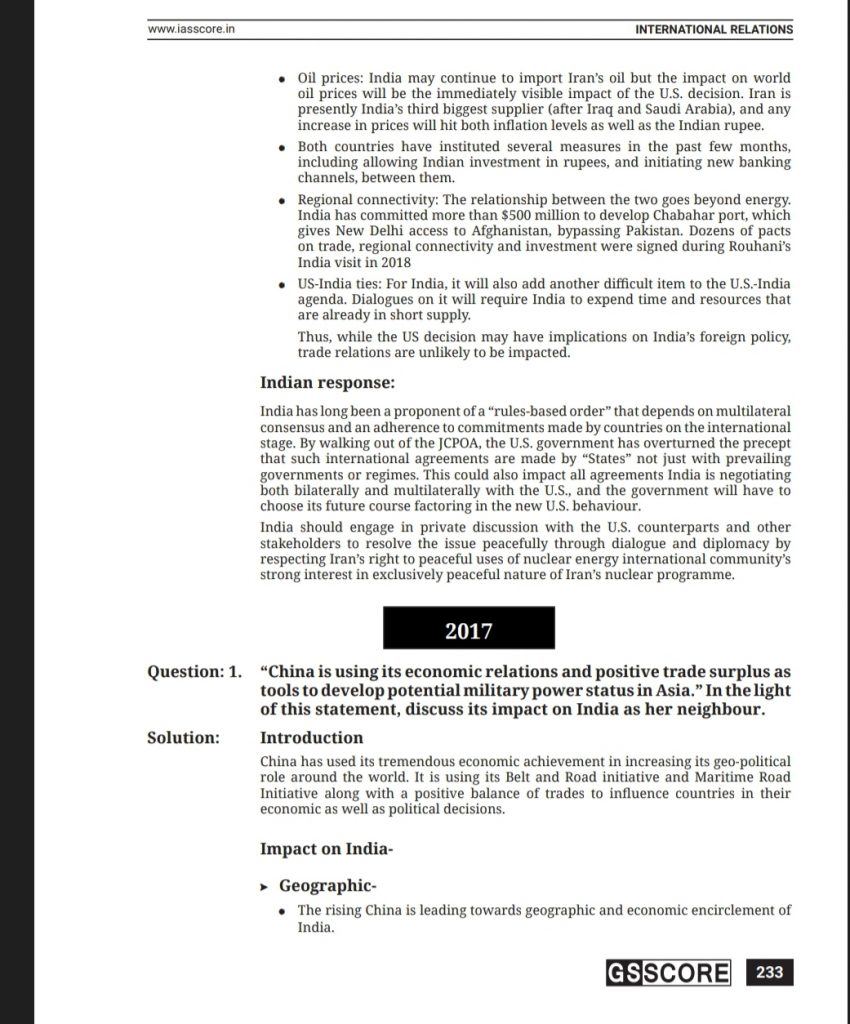 GS SCORE IAS MAINS Answer Writing Workbook International Relations
