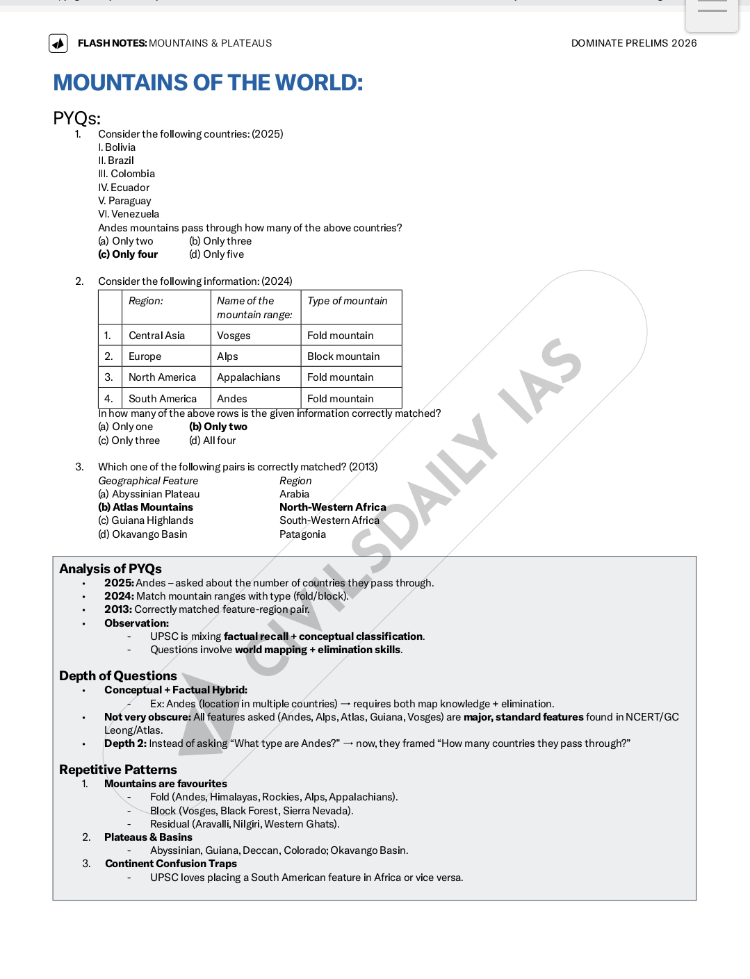 Civilsdaily IAS FLASH Notes(Mountains & Plateaus) Prelims- 2026