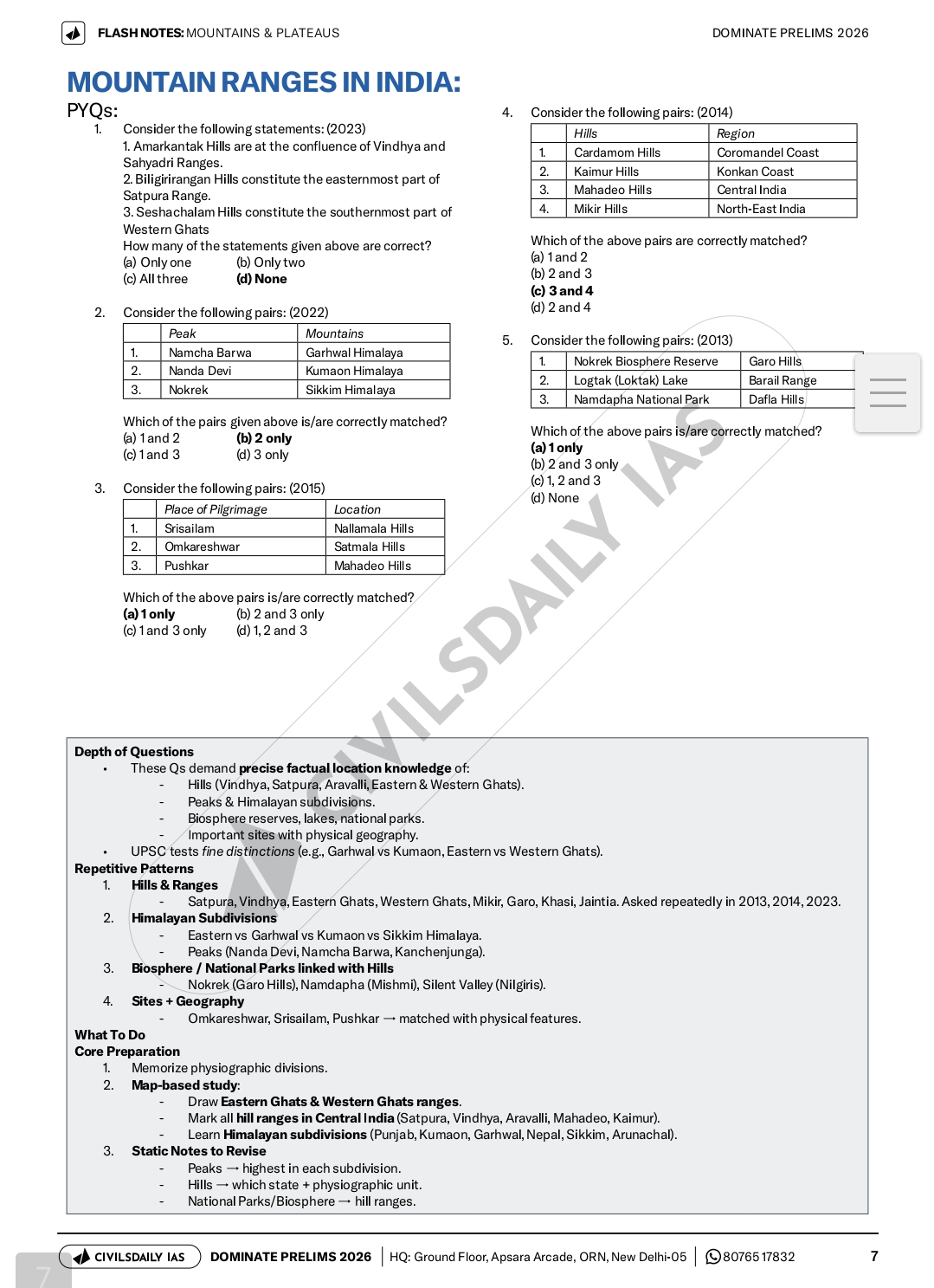 Civilsdaily IAS FLASH Notes(Mountains & Plateaus) Prelims- 2026