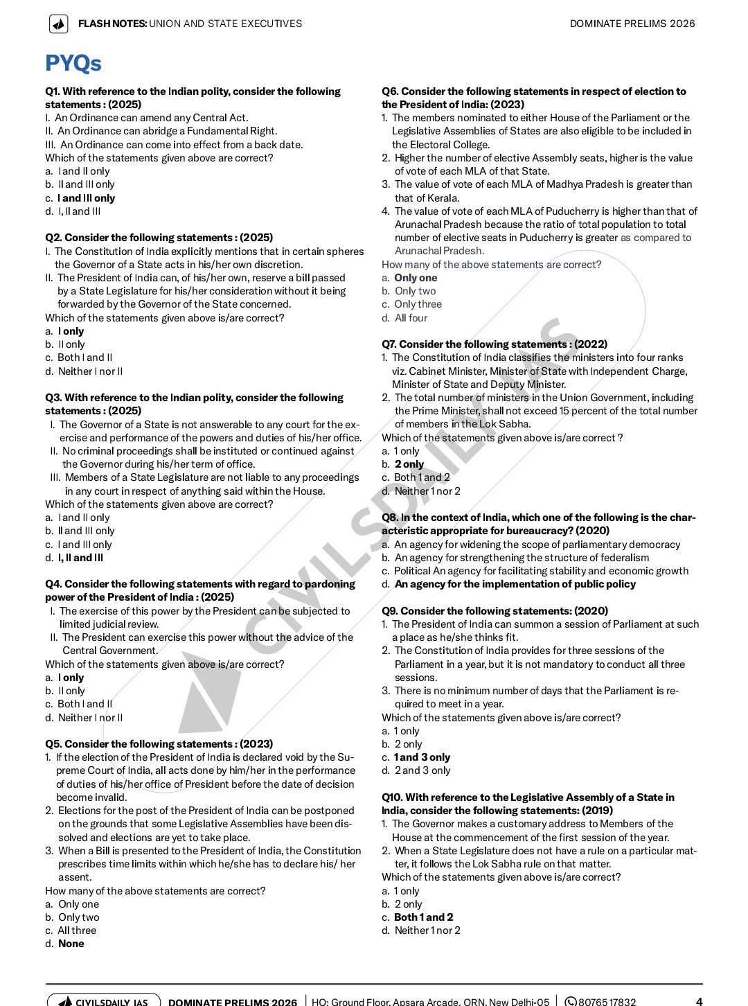 Civilsdaily IAS FLASH Notes(Union & State Executives) Prelims- 2026