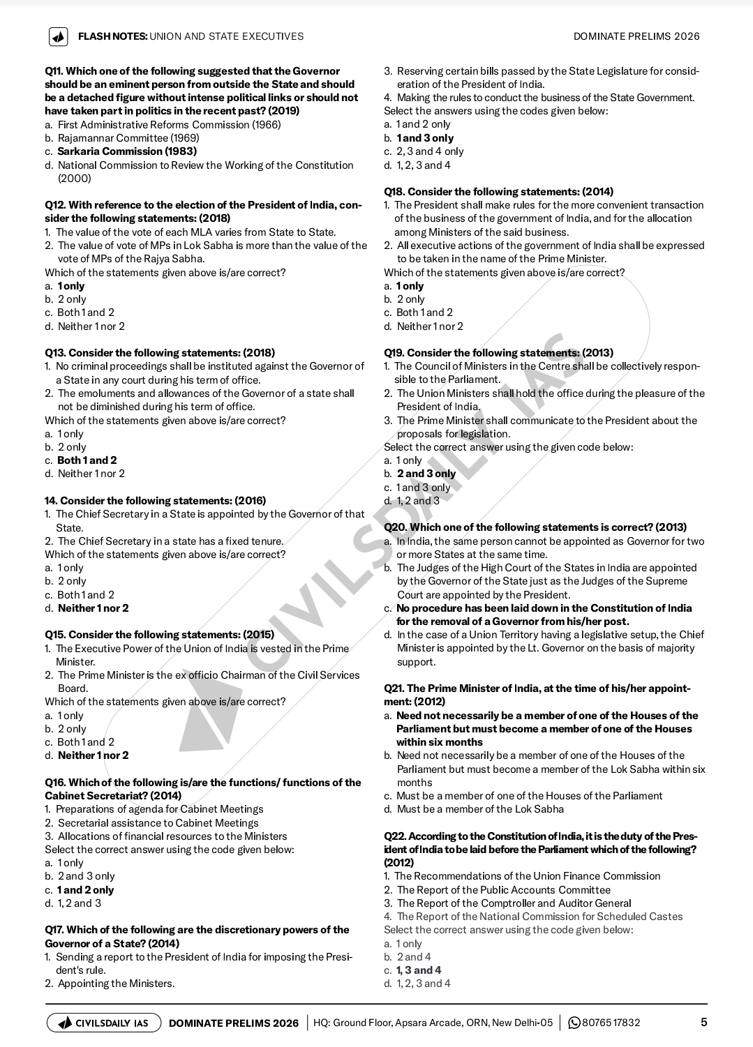 Civilsdaily IAS FLASH Notes(Union & State Executives) Prelims- 2026