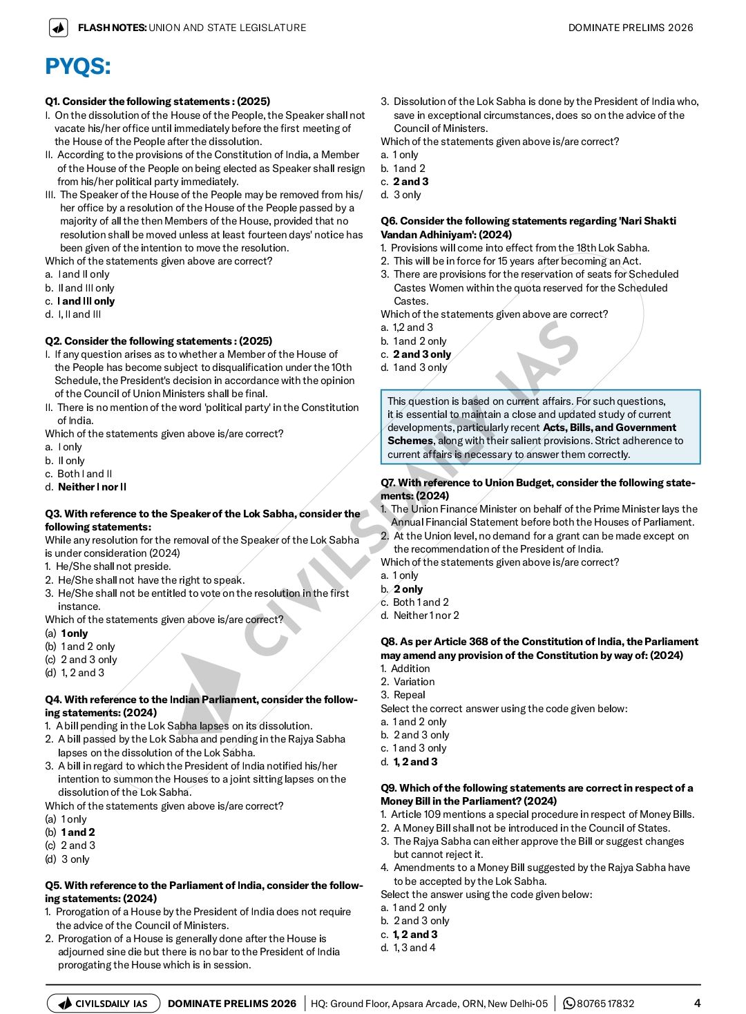 Civilsdaily IAS FLASH Notes(Union & State Legislature) Prelims- 2026