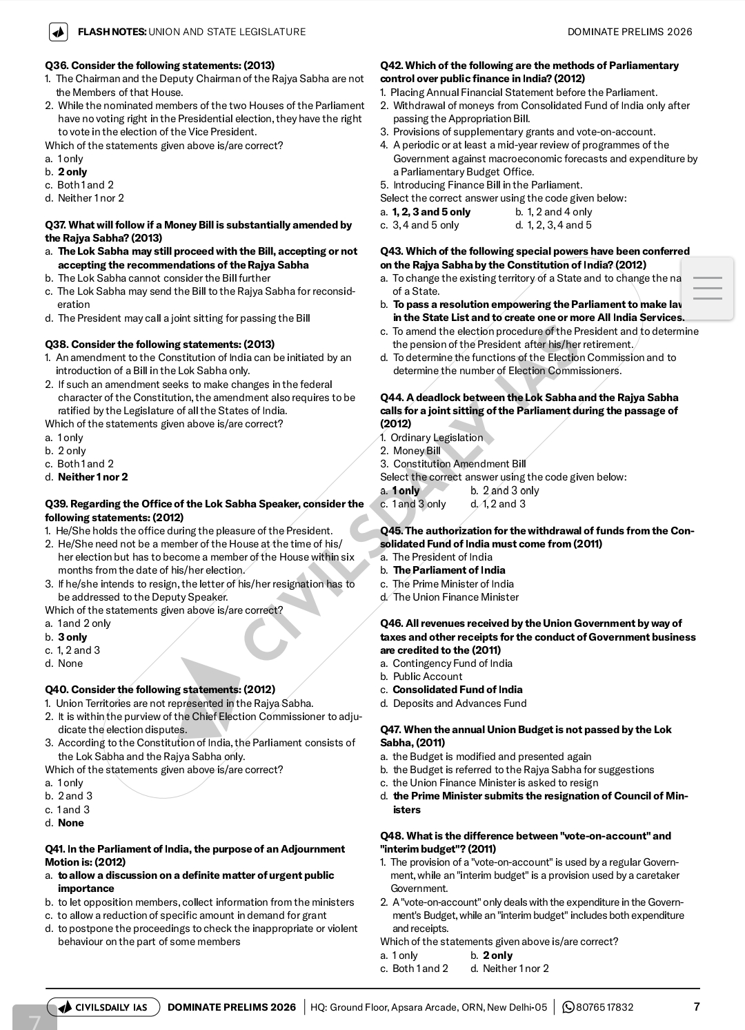 Civilsdaily IAS FLASH Notes(Union & State Legislature) Prelims- 2026