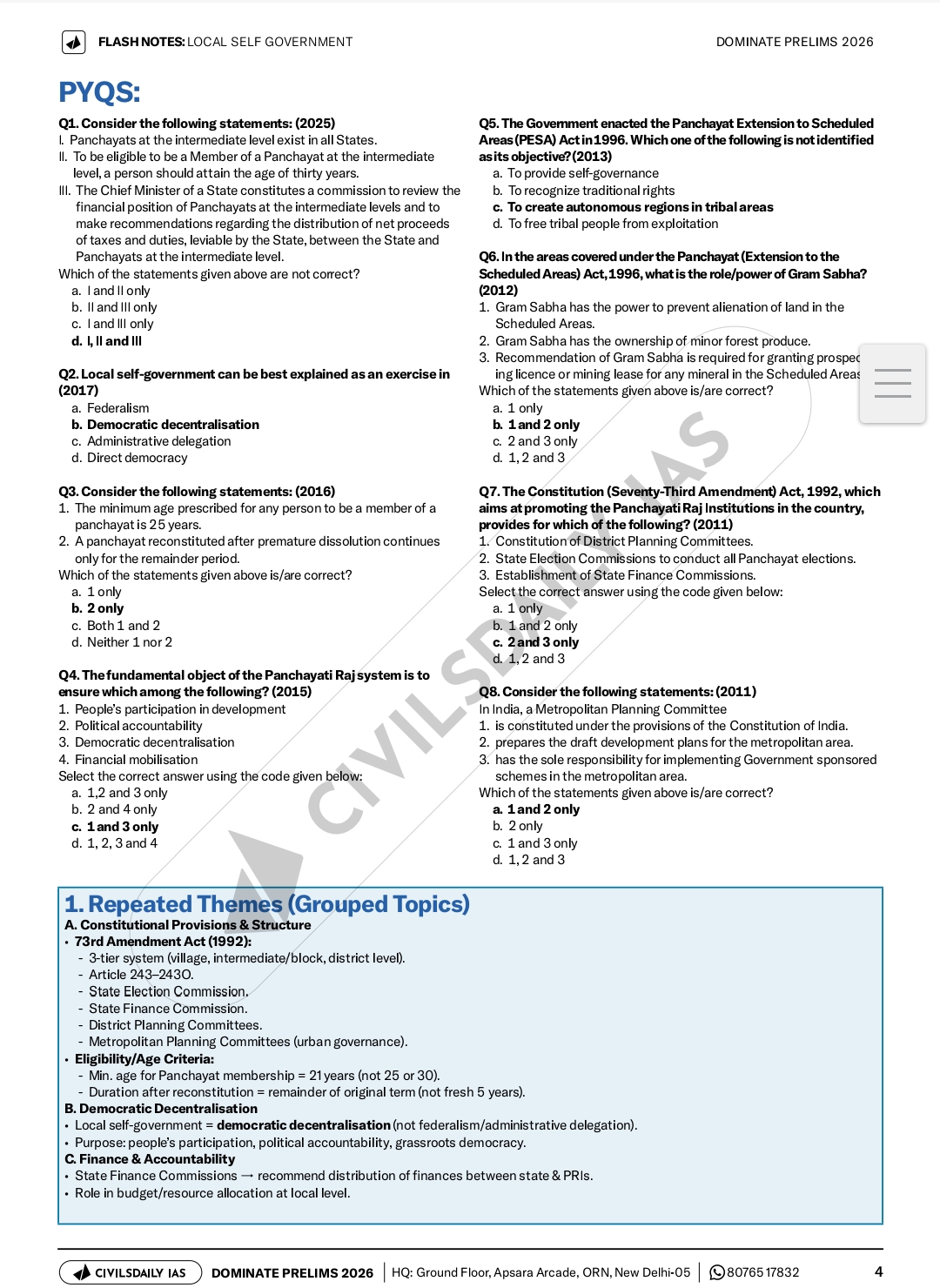 Civilsdaily IAS FLASH Notes(Local Self Government) Prelims- 2026