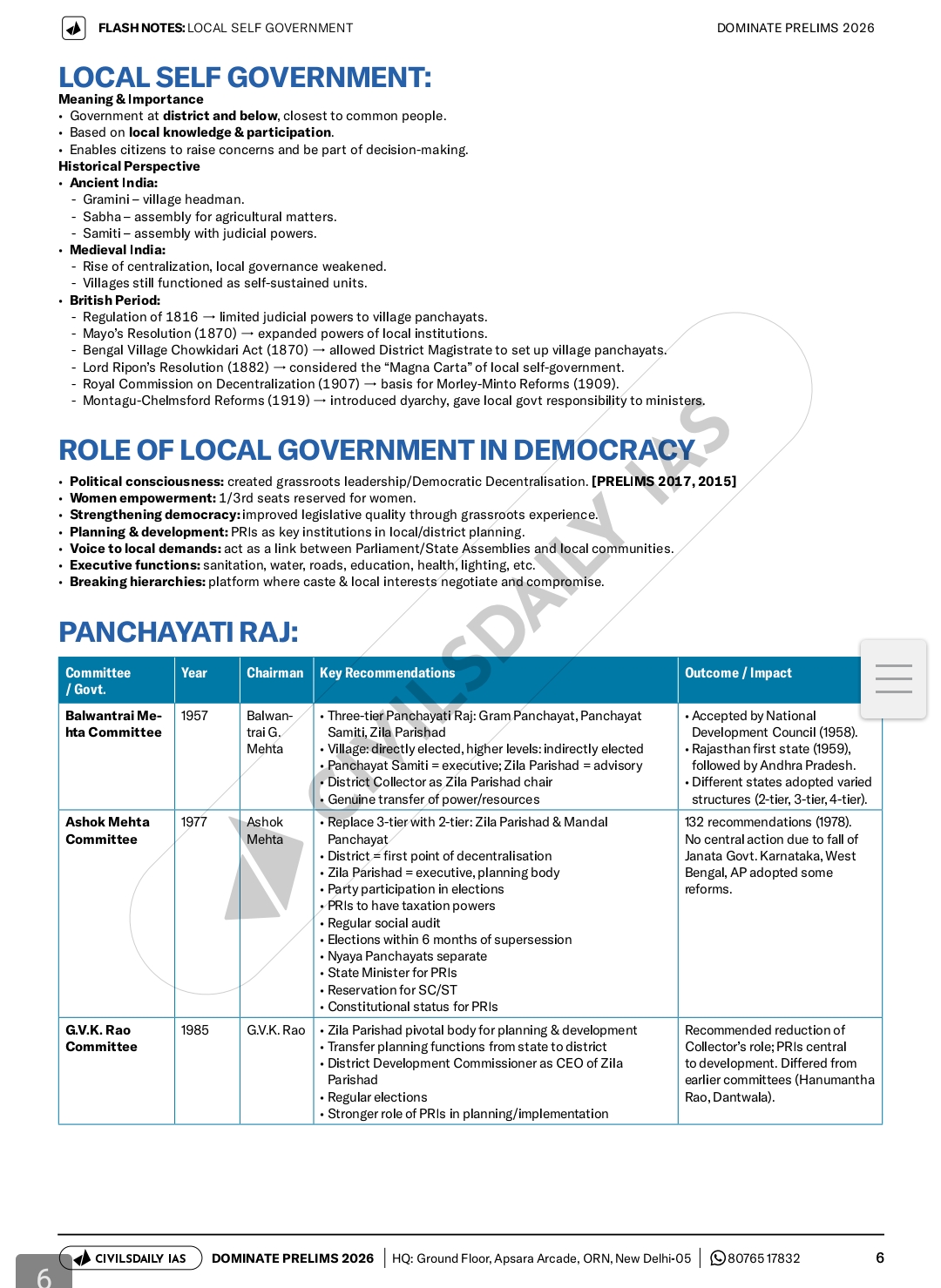 Civilsdaily IAS FLASH Notes(Local Self Government) Prelims- 2026