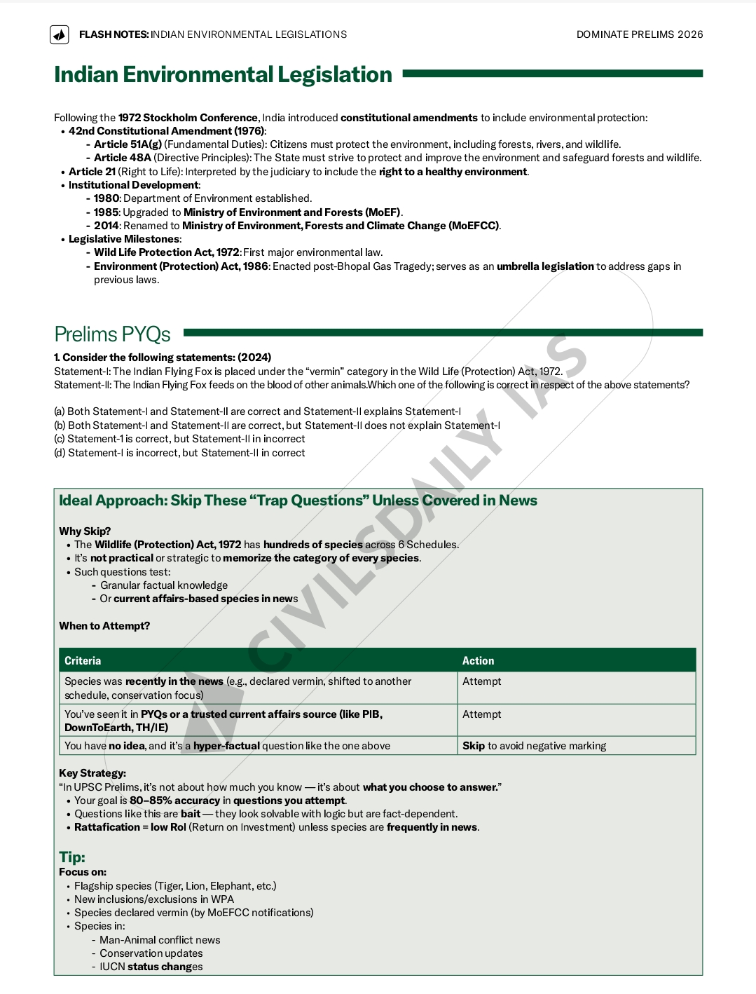 Civilsdaily IAS FLASH Notes(Indian Environmental Legislations) Prelims ...