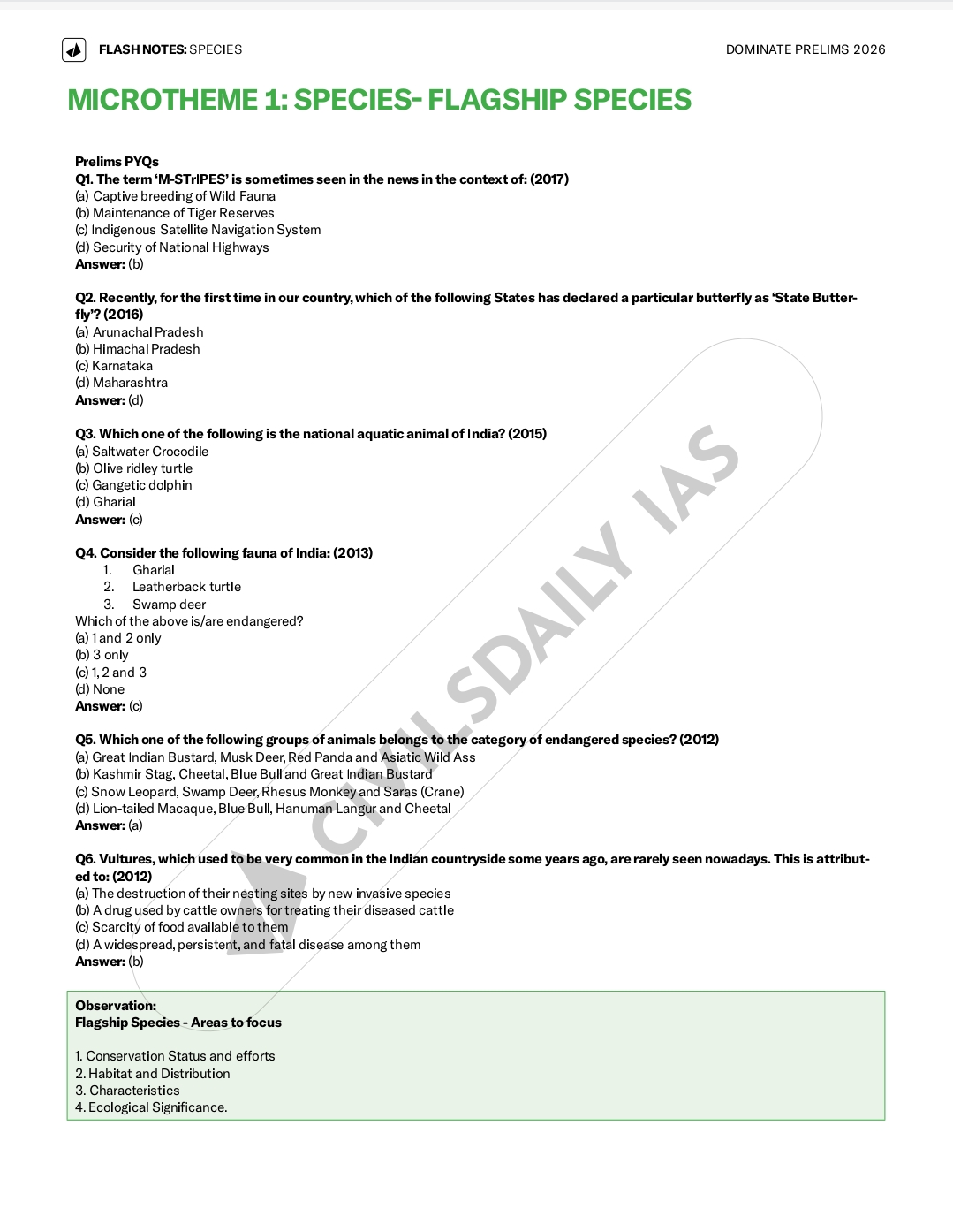 Civilsdaily IAS FLASH Notes(Species) Prelims- 2026